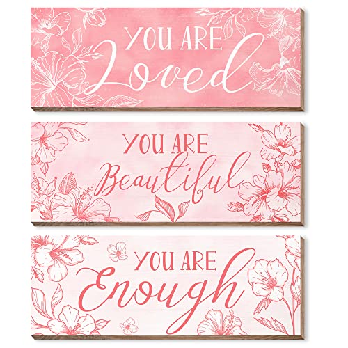 Pink Room Decor, Pink Wall Decor for Girls Bedroom, You Are Beautiful You Are Enough You Are Loved Sign, Positive Quotes Inspirational Wall Signs for Women, Wooden Hanging Wall Plaques