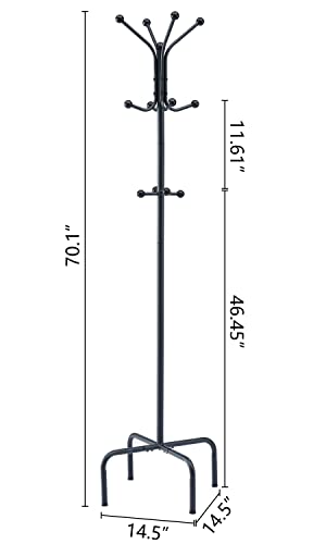 Hoctieon Coat Rack Freestanding, Entryway Coat Rack With 12 Hooks, Coat Hanger Stand, Floor Standing Metal Coat Tree,Coat Rack Stand, Heavy Duty Coat Rack, Coat Tree Freestanding, Black