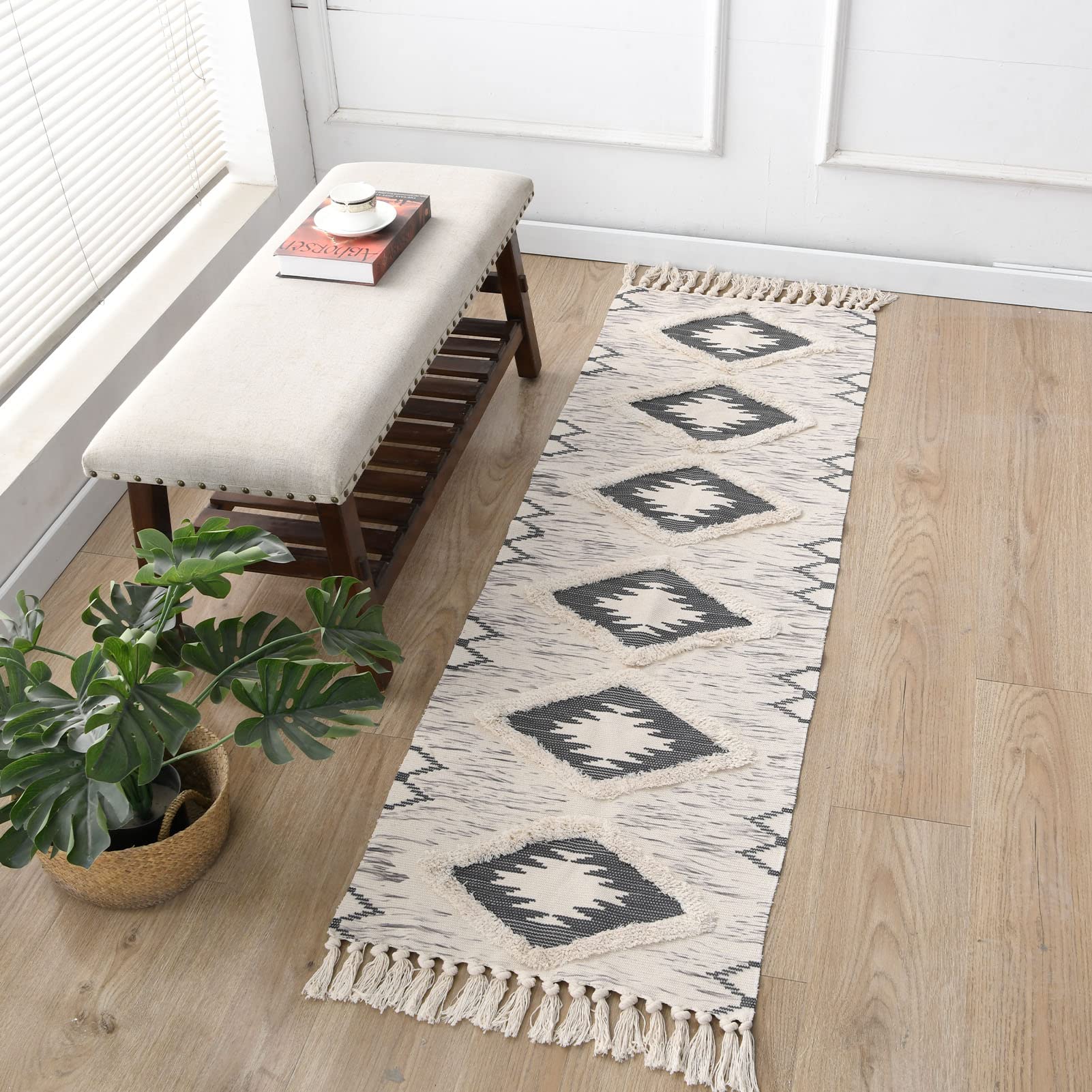 Boho Runner Rug 2'x6', Washable Hallway Farmhouse Area Rug, Kitchen Floor Mat with Tassels, Tufted Cotton Woven Entryway Carpet, Grey