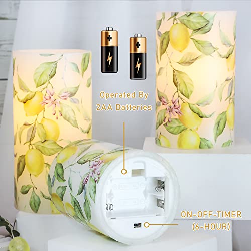 Silverstro Lemon Flameless Candles with 10-Key Remote, Lemon Tree Decal Real Wax LED Candles, Flickering Battery Operated Candles for Room Christmas Party Home Botanical Decor - Set of 3