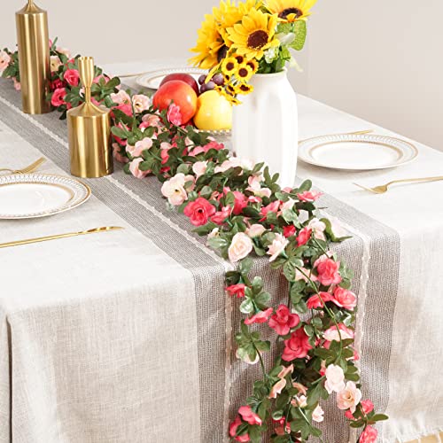 BLEUM CADE 2 Pcs 16.4Ft Flower Garland Artificial Rose Vines with 16.4Ft String Lights, Fake Flower Vines Garland Decorations for Wedding Party Valentines Day Christmas Wall Room Decor Aesthetic