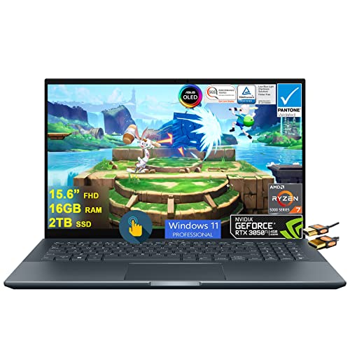 ASUS Zenbook Pro 15 OLED Gaming Laptop 15.6â FHD OLED Touchscreen (550nits, 100% DCI-P3) AMD 8-core Ryzen 7 5800H (Beat i7-11370H) 16GB RAM 2TB SSD GeForce RTX3050Ti Backlit Win11Pro + HDMI Cable