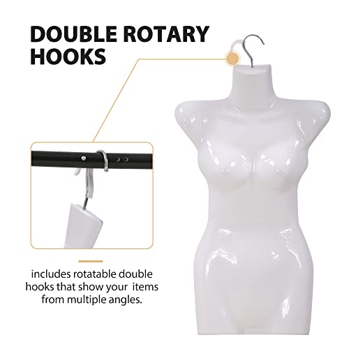 White Hanging Female Mannequin Torso 4PCS Dress Form Sewing Manikin, 30 Inch Female Molded Shatterproof Shapely Torso Form Hollow Back Body Torso Dress Form & 2 Hanging Hook for T-Shirt Display