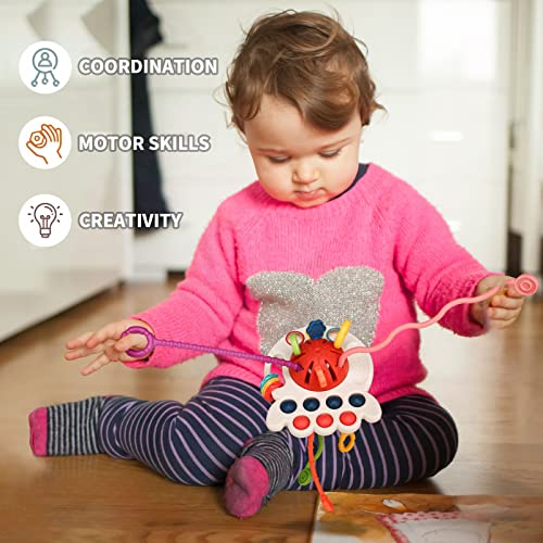 Tiyol Montessori Toys for 1+ Year Old, Food Grade Silicone Pull String Activitys, Developmental Pulling Teething Baby Sensory Toy, Fun Car Seat Airplane Travel Toddler Boy &Girl Infant Birthday Gifts