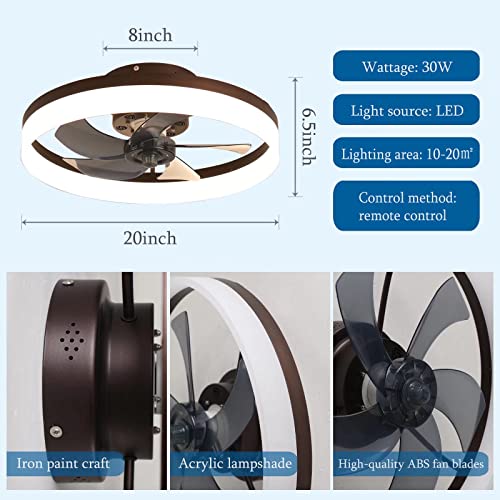 LCYFBE 20" Modern Ceiling Fan with Light, Dimmable LED 6 Speeds Reversible Blades Timing with Remote Control, Semi Flush Mount Low Profile ceiling fan with light for home bedroom, Black