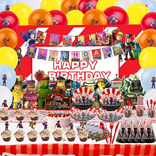 Robot Birthday Party Supplies for kids, 166Pcs Blocks Video Game Party Favors Decorations Tableware for Boys Girls, Happy Birthday Banner Cake Toppers Balloons Hats Plates Cups Napkins Tablecloth Photo Background Decor
