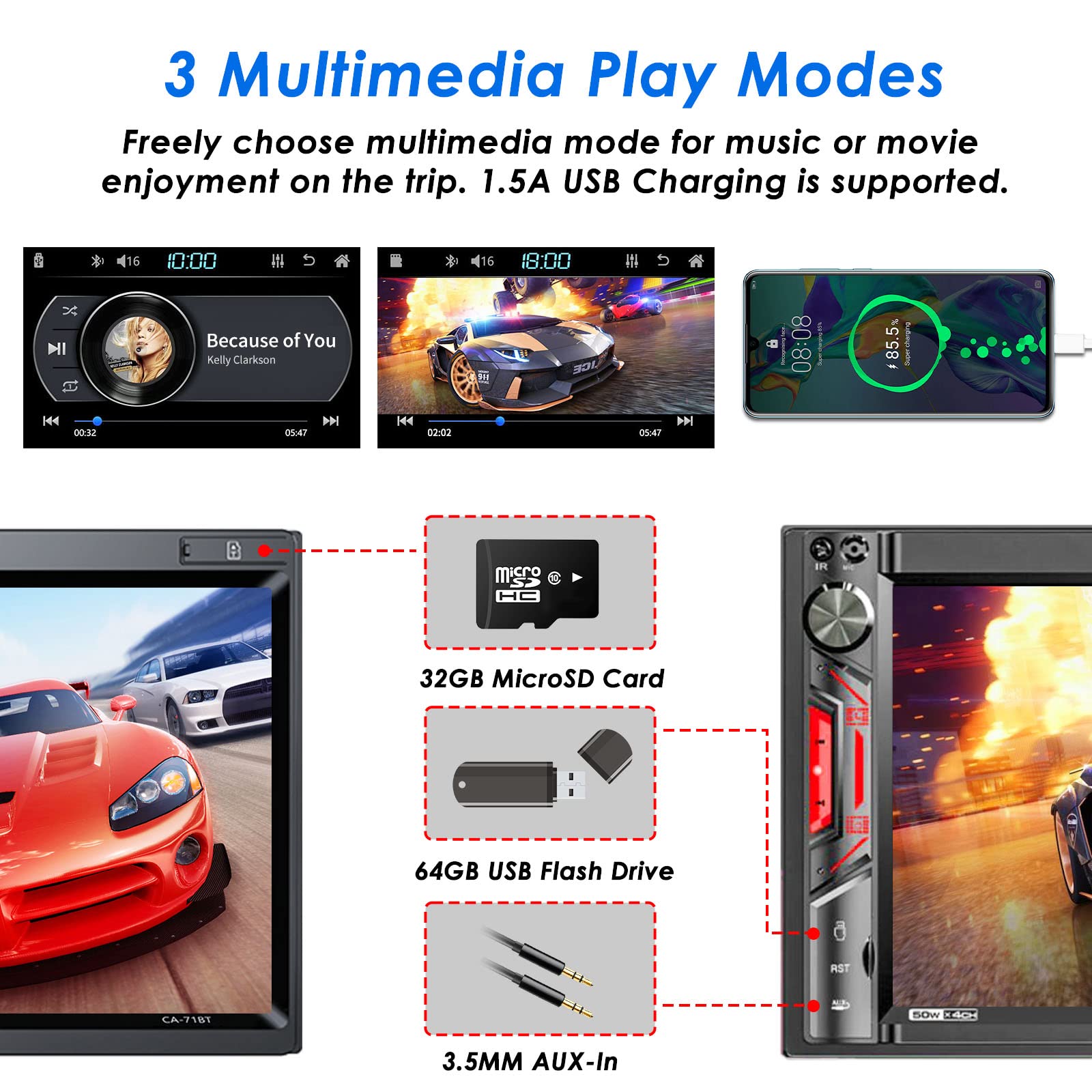 Double Din Bluetooth Car Stereo: 7 Inch LCD Touchscreen Car Audio Receiver - Mirrorlink MP5 Car Radio with AM FM RBDS Backup Camera USB SD AUX Subwoofer Phone Charge