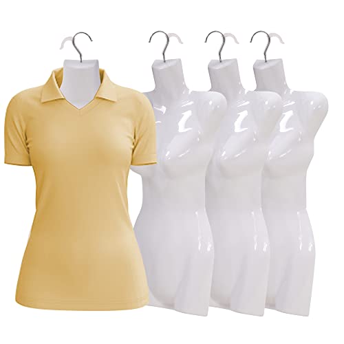White Hanging Female Mannequin Torso 4PCS Dress Form Sewing Manikin, 30 Inch Female Molded Shatterproof Shapely Torso Form Hollow Back Body Torso Dress Form & 2 Hanging Hook for T-Shirt Display