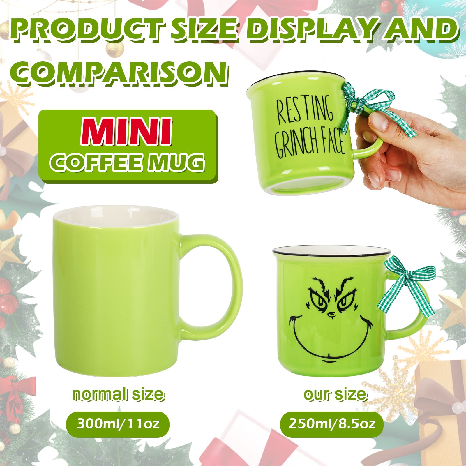 Whaline 4Pcs Christmas Mini Coffee Mug with Ribbon Tiered Tray Decor Green White Xmas Drinking Cups Gifts for Christmas Party Table Centerpieces Decorations Housewarming Gift
