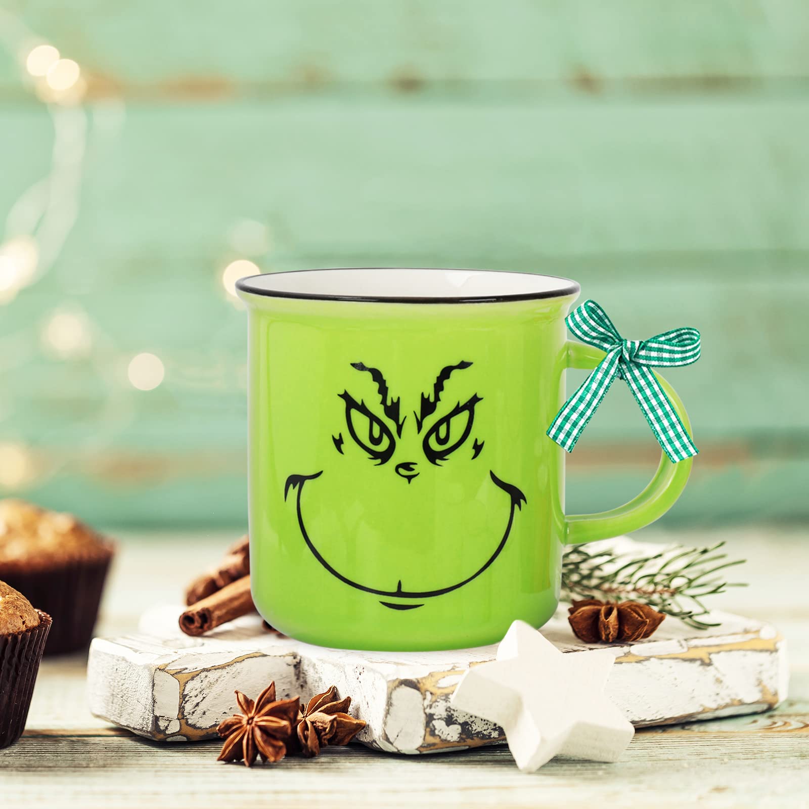Whaline 4Pcs Christmas Mini Coffee Mug with Ribbon Tiered Tray Decor Green White Xmas Drinking Cups Gifts for Christmas Party Table Centerpieces Decorations Housewarming Gift