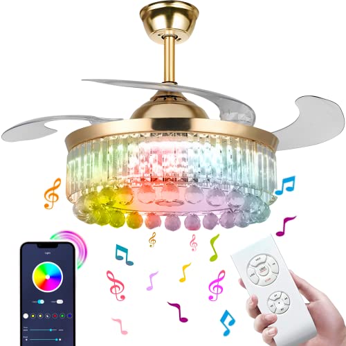 FINE MAKER 42" Ceiling Fan with Bluetooth Speaker,7 LED Colors Reversible 6 Fan Speeds Remote Control, Crystal Chandelier Ceiling Fan,Retractable Blades Fandelier Lighting Fixture fan for bedroom Gold