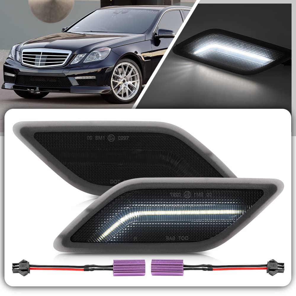 nsautolighting LED White Side Marker Lights Side Indicator Lamps for 2010-2013 Be'nz W212 E-Class 4D Sedan Wagons Smoked Lens White LED Front Bumper Side Marker Light Replace OEM Sidemarker Lamps
