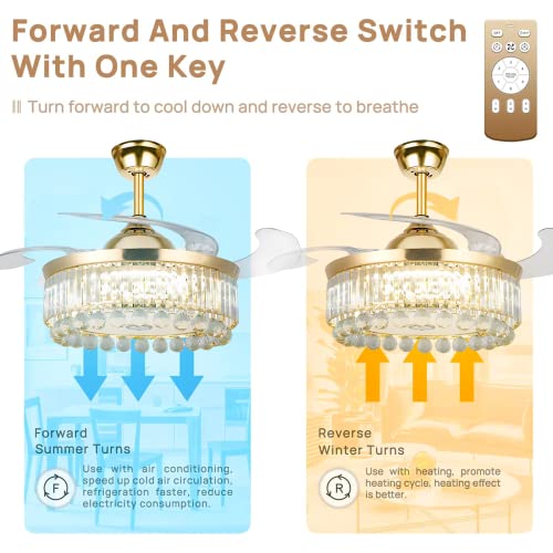 FINE MAKER 42" Ceiling Fan with Bluetooth Speaker,7 LED Colors Reversible 6 Fan Speeds Remote Control, Crystal Chandelier Ceiling Fan,Retractable Blades Fandelier Lighting Fixture fan for bedroom Gold