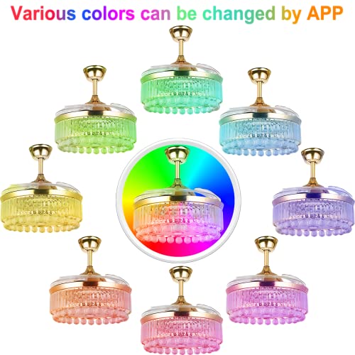 FINE MAKER 42" Ceiling Fan with Bluetooth Speaker,7 LED Colors Reversible 6 Fan Speeds Remote Control, Crystal Chandelier Ceiling Fan,Retractable Blades Fandelier Lighting Fixture fan for bedroom Gold