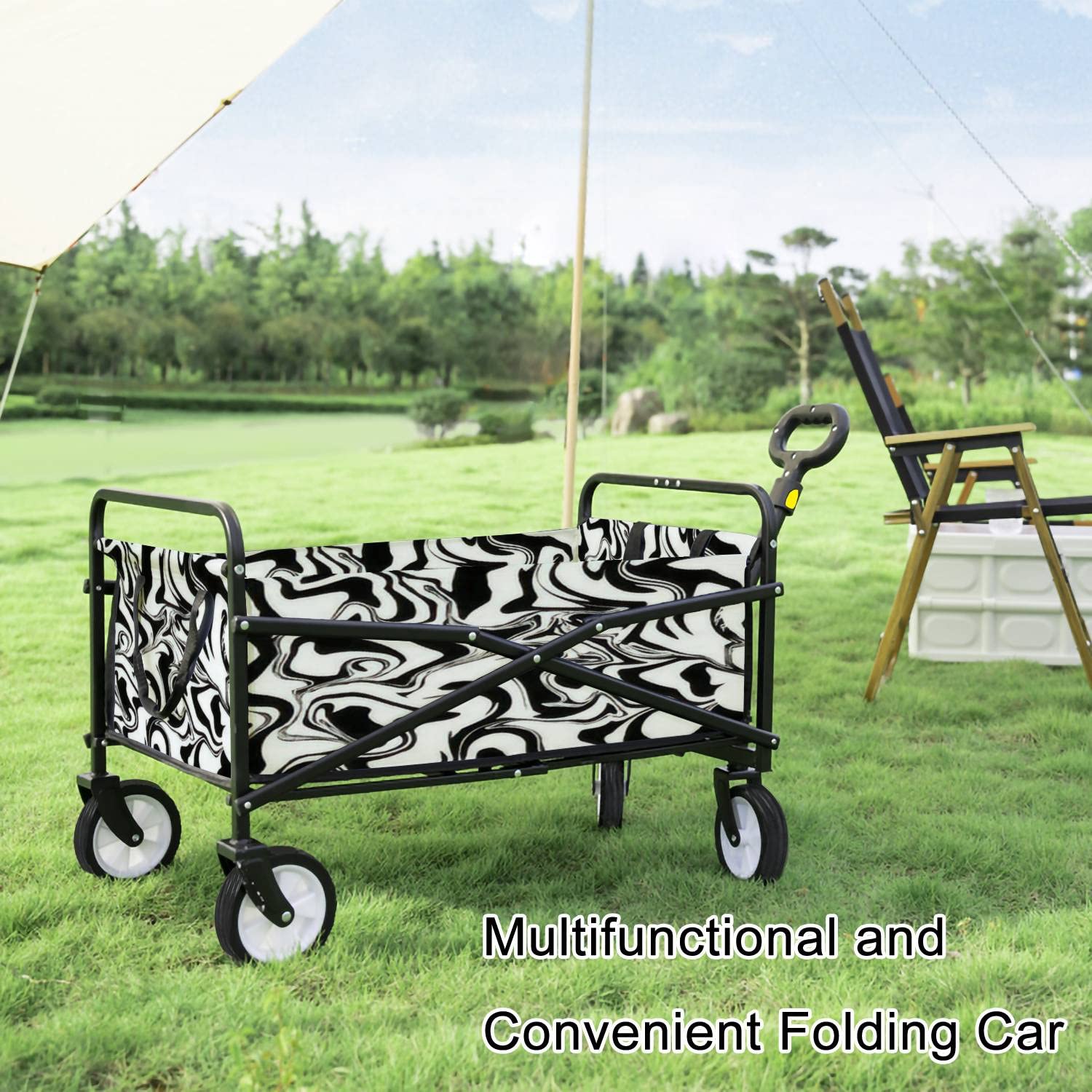 Outdoor Collapsible Wagon Black White Zebra Camping Shopping Garden Cart Heavy Duty Wagon Adjustable Portable Utility Folding Wagon with Wheels