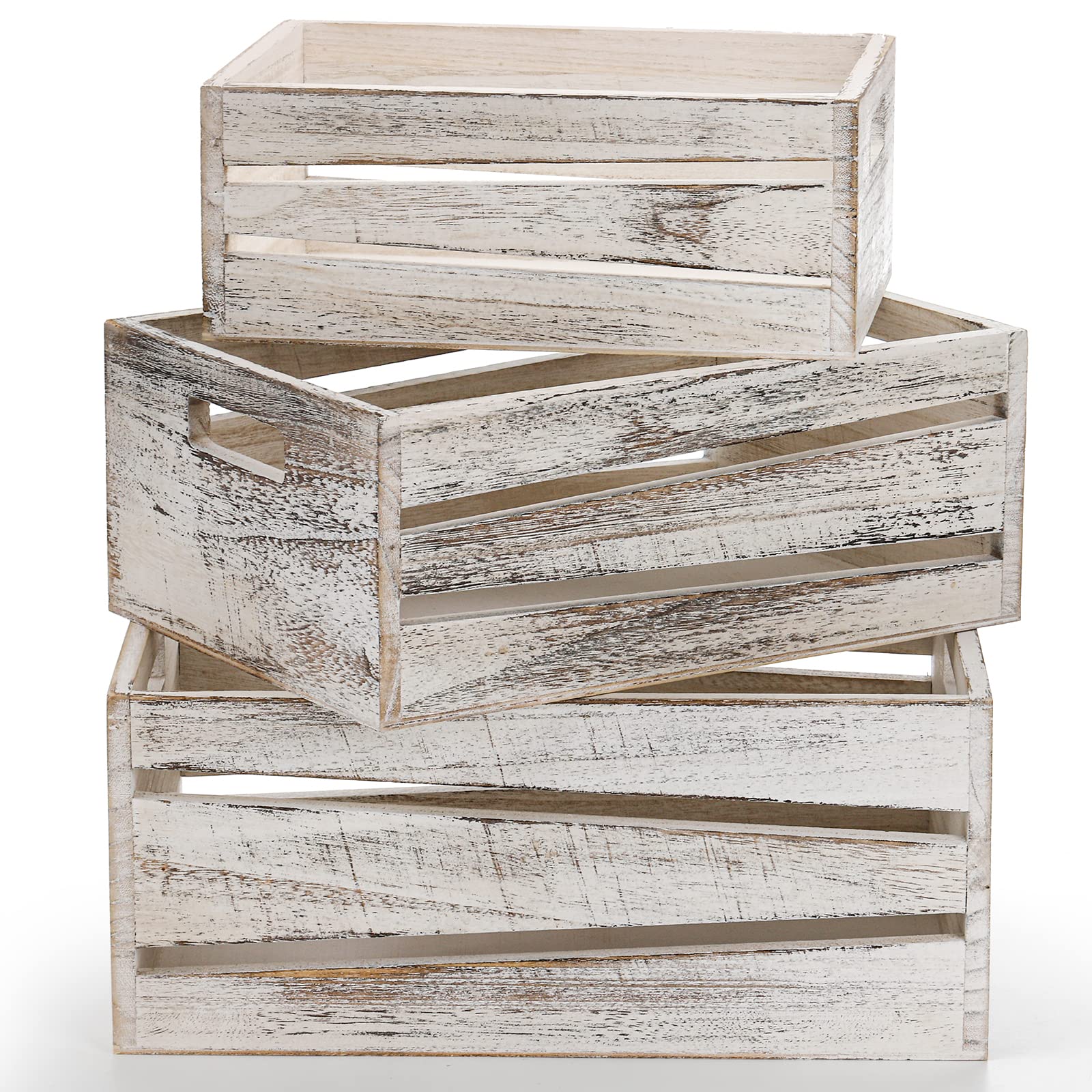 AVLA 3 Pack Wooden Storage Crates, Rustic Nesting Container Bin with Handles, Decorative Farmhouse Wood Basket, Vintage Wood Box Display Risers for Home, Kitchen Pantry Cabinet, Shelf, Counter