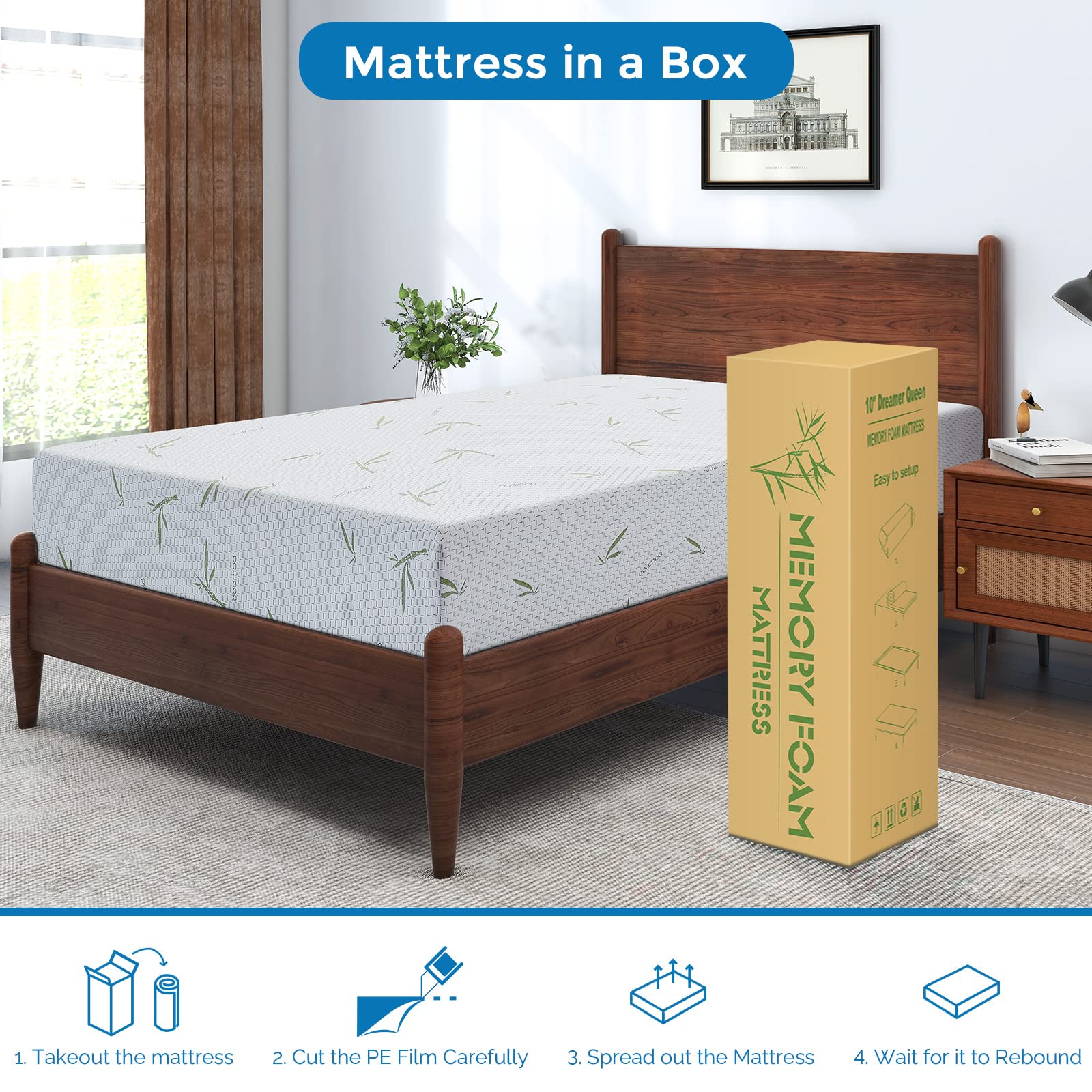 IULULU Full Mattress, 10 Inch Memory Foam Mattress in a Box, Green Tea Gel Infused Mattresses with Breathable Cover for Cool Sleep, Medium Supportive, CertiPUR-US Certified