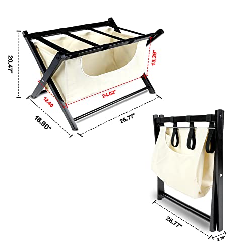 Luggage Rack 2 Pack, with Detachable Laundry Bag, Premium Texture Solid Wood Luggage Rack for Guest Room, Nylon with Foldable Suitcase Rack for Max 200LBS Load, Dirty Clothes Storage, Suitable for Hotel Rooms