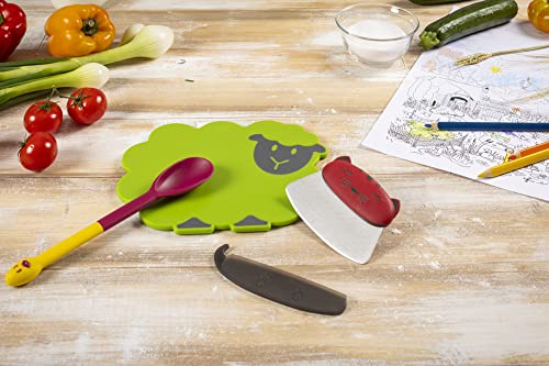 Kuhn Rikon Kinderkitchen Kids Cutting Board, Sheep, 9.8" x 9.1" x 4.3", Green | Child-Friendly Kitchen Tools For Real Cooking