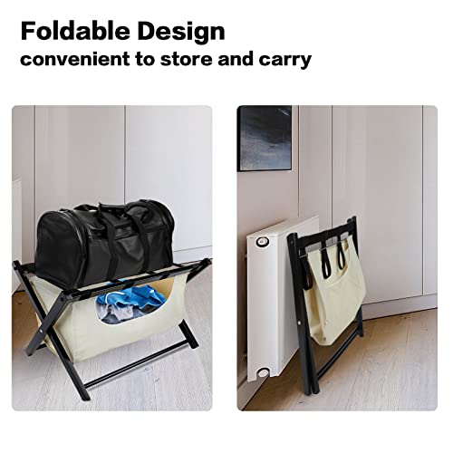 Luggage Rack 2 Pack, with Detachable Laundry Bag, Premium Texture Solid Wood Luggage Rack for Guest Room, Nylon with Foldable Suitcase Rack for Max 200LBS Load, Dirty Clothes Storage, Suitable for Hotel Rooms
