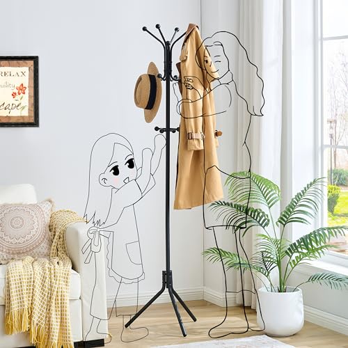 Hoctieon Coat Rack Freestanding, Heavy Duty Coat Hanger Stand with 12 Hooks, Entryway Hall Tree, Floor Standing Coat Rack, Coat Rack Stand, Clothes Rack, Coat Tree, Black