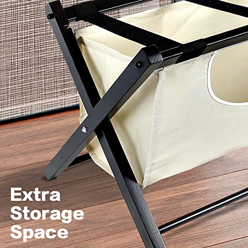 Luggage Rack 2 Pack, with Detachable Laundry Bag, Premium Texture Solid Wood Luggage Rack for Guest Room, Nylon with Foldable Suitcase Rack for Max 200LBS Load, Dirty Clothes Storage, Suitable for Hotel Rooms