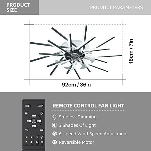 Aajqv 36.2" Ceiling fans with lights,3 color temperatures,6 Gear Wind Speed ceiling fan with lights remote control,flush mount ceiling fan for Bedroom, living room 70W (36.2", Black)