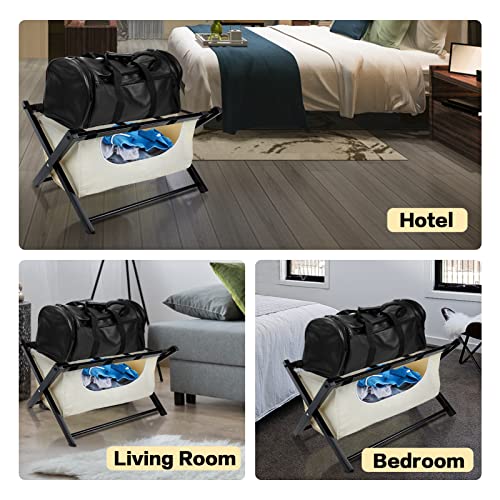 Luggage Rack 2 Pack, with Detachable Laundry Bag, Premium Texture Solid Wood Luggage Rack for Guest Room, Nylon with Foldable Suitcase Rack for Max 200LBS Load, Dirty Clothes Storage, Suitable for Hotel Rooms