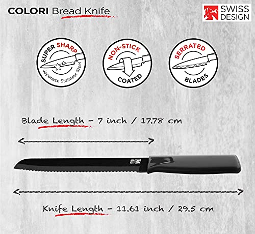 Kuhn Rikon Colori Bread Knife with Safety Sheath, 7 inch/17.78 cm Blade, Black