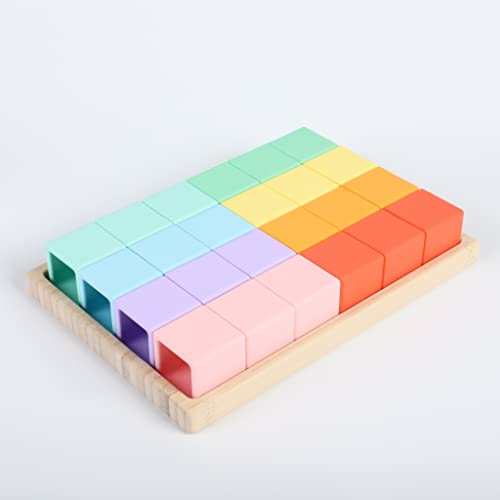 BLUE GINKGO Silicone Rainbow Blocks - Giftable Soft Blocks for Kids | BPA Free Silicone Blocks | Montessori Blocks, Silicone Rainbow Stacking Toy with Sorting Tray (24 PC - Pastel)