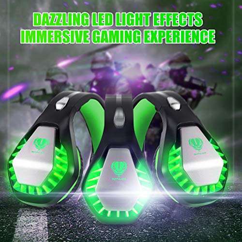 DIWUER Stereo Gaming Headset for Nintendo Switch, PS4, Xbox One with Noise Cancelling Mic, Soft Earmuffs Surround Sound Over Ear Headphones with LED Light for PC (Green)