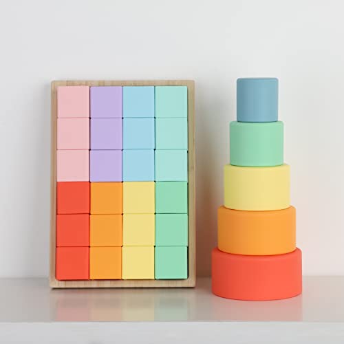 BLUE GINKGO Silicone Rainbow Blocks - Giftable Soft Blocks for Kids | BPA Free Silicone Blocks | Montessori Blocks, Silicone Rainbow Stacking Toy with Sorting Tray (24 PC - Pastel)