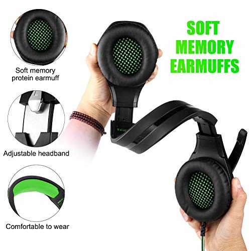 DIWUER Stereo Gaming Headset for Nintendo Switch, PS4, Xbox One with Noise Cancelling Mic, Soft Earmuffs Surround Sound Over Ear Headphones with LED Light for PC (Green)
