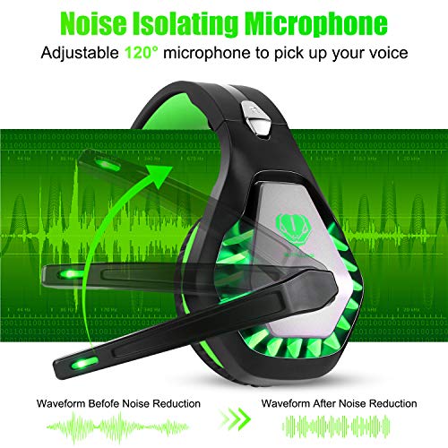 DIWUER Stereo Gaming Headset for Nintendo Switch, PS4, Xbox One with Noise Cancelling Mic, Soft Earmuffs Surround Sound Over Ear Headphones with LED Light for PC (Green)