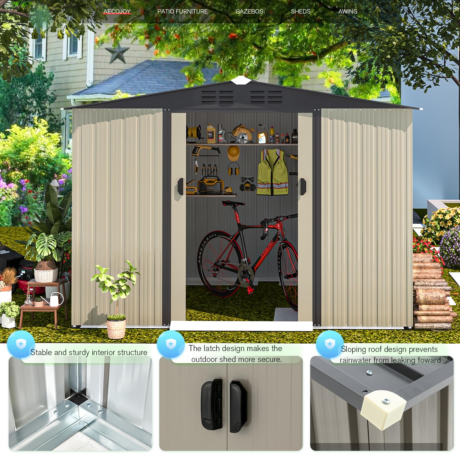 AECOJOY 8 x 6 Ft Shed, Outdoor Storage Tool Shed (Sliding Door), Metal Garden Shed for Yard, Outdoor Storage Clearance in Grey
