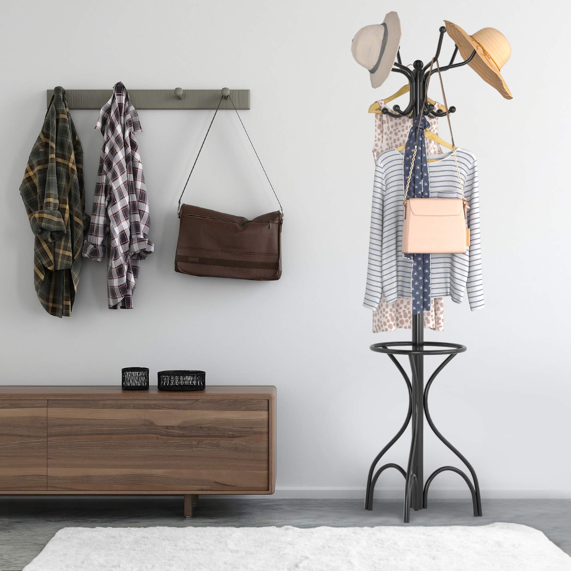 Nightcore Coat Rack Freestanding, Heavy-duty Coat Tree with Umbrella Holder, Modern Coat Rack Stand with 12 Hanging Hooks, Coat Hanger for Jackets Bags Hats Purse Scarf Entryway