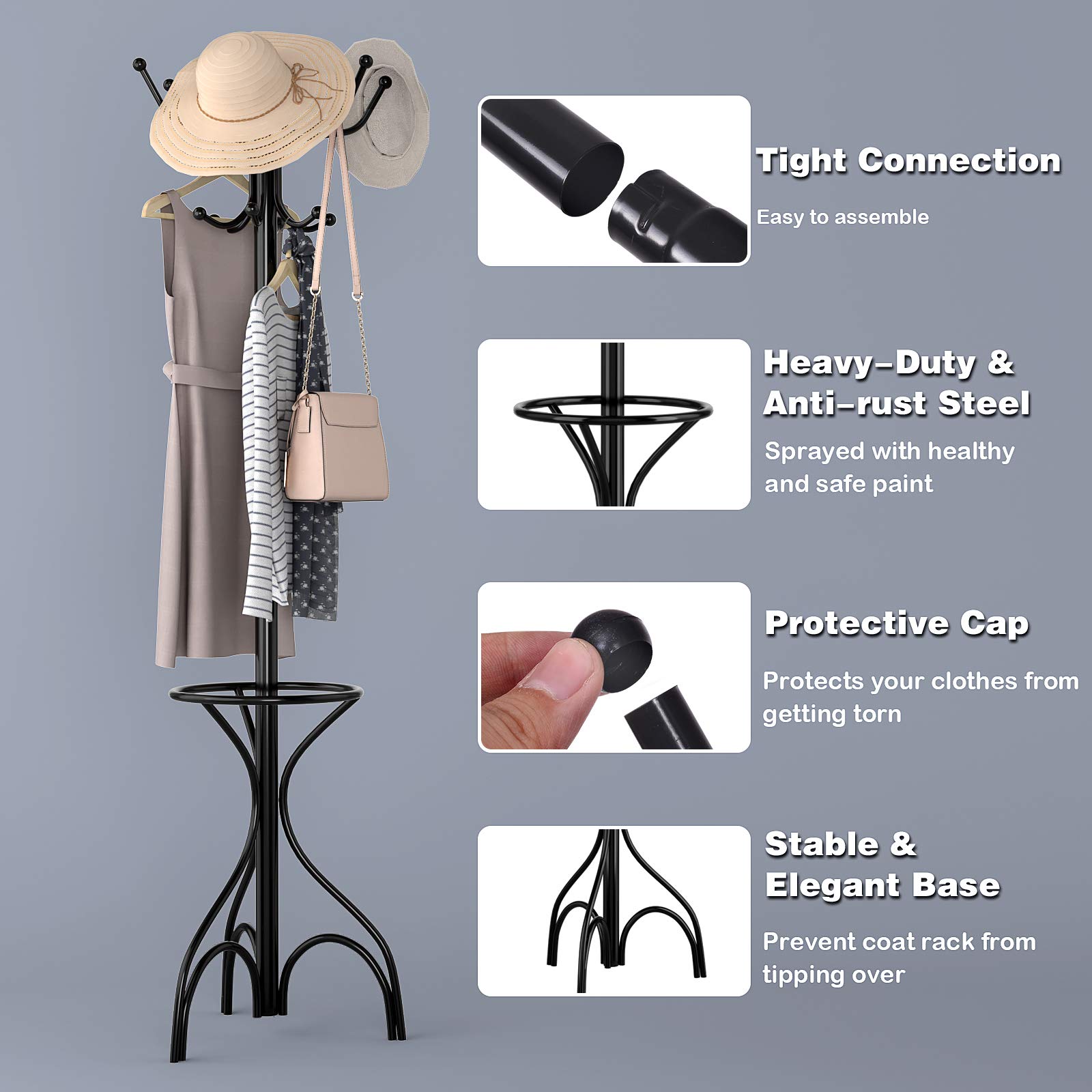 Nightcore Coat Rack Freestanding, Heavy-duty Coat Tree with Umbrella Holder, Modern Coat Rack Stand with 12 Hanging Hooks, Coat Hanger for Jackets Bags Hats Purse Scarf Entryway
