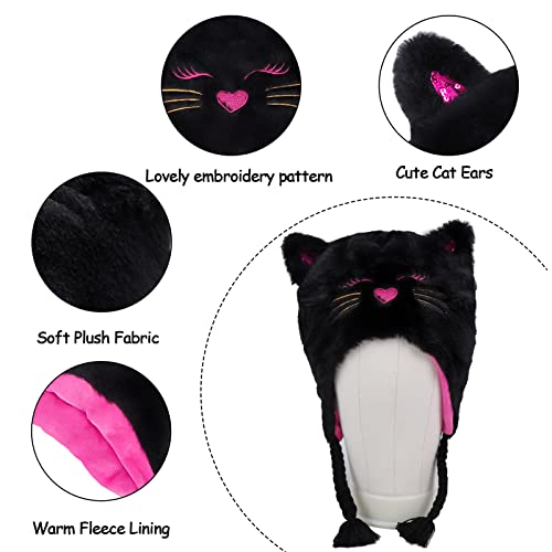 Toddler Cat Ear Winter Hat and Gloves for Girls, Fleece Lined Hat & Kids Mittens Set for Ages 4-7 Black