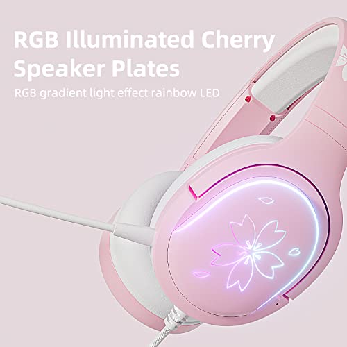 Mytrix Sakura Pink Cherry Blossoms Gaming Headset, 360° Rotation Mic, Soft Earmuff Headphone for PS4, PS5, Xbox, PC & MAC, Switch, RGB Gradient Light Effect (Renewed)