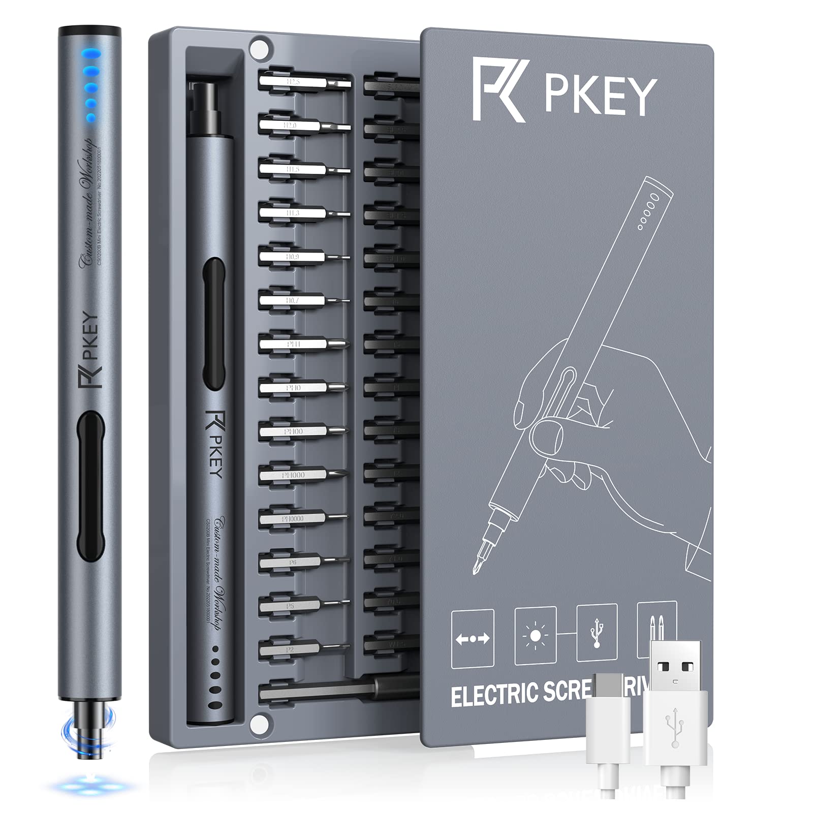 PKEY Mini Electric Screwdriver, All-in-One Precision Electric Screwdriver, 2 Torque with 28 Magnetic Precision Bits,LED Light & Dual Mode, Repair Tool Set for Phone Camera Laptop Watch