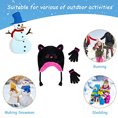 Toddler Cat Ear Winter Hat and Gloves for Girls, Fleece Lined Hat & Kids Mittens Set for Ages 4-7 Black