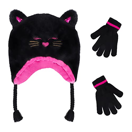 Toddler Cat Ear Winter Hat and Gloves for Girls, Fleece Lined Hat & Kids Mittens Set for Ages 4-7 Black