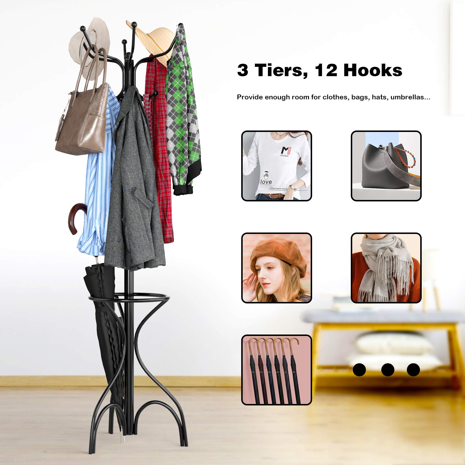 Nightcore Coat Rack Freestanding, Heavy-duty Coat Tree with Umbrella Holder, Modern Coat Rack Stand with 12 Hanging Hooks, Coat Hanger for Jackets Bags Hats Purse Scarf Entryway