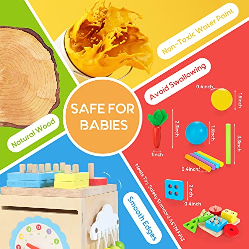 JUSTWOOD Montessori Toys for 1 2 3 Years Old Kids, 8-in-1 Wooden Play Kit Includes Object Permanent Box, Sensory Learning Activity Cube, Bonus Stacking & Sorting Toy, Gift for Toddlers Age 12+ Months