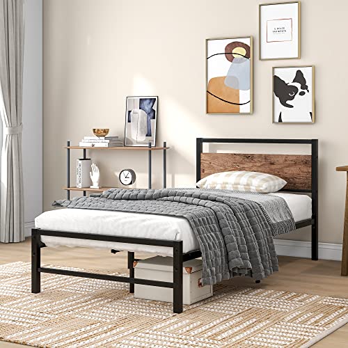 Crocofair Twin Size Black Bed Frame with Vintage Wood Headboard,Single Bed Frames,Strong Steel Slats Support,No Box Spring Needed,Easy Assembly,Noise Free(Rustic Brown)