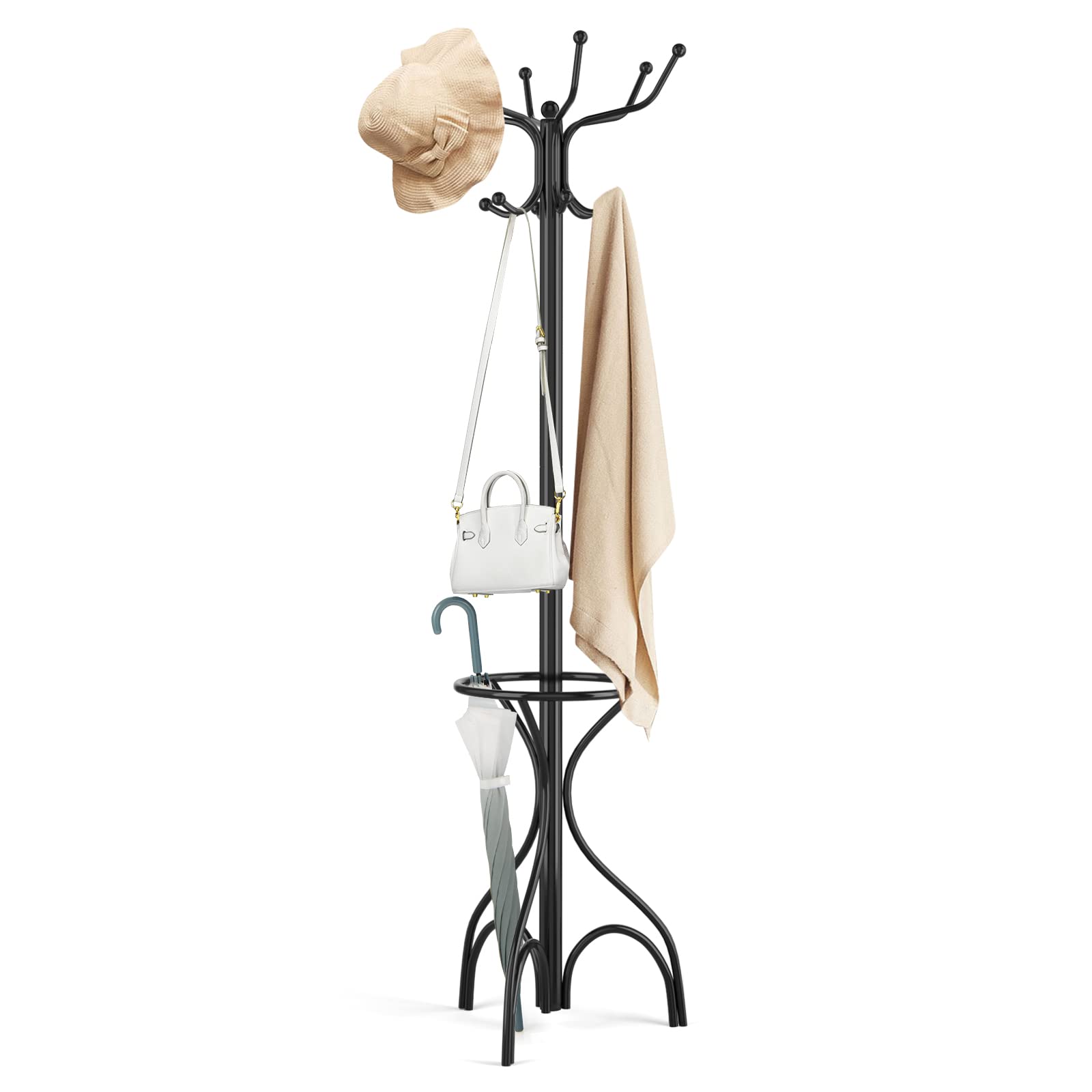 Nightcore Coat Rack Freestanding, Heavy-duty Coat Tree with Umbrella Holder, Modern Coat Rack Stand with 12 Hanging Hooks, Coat Hanger for Jackets Bags Hats Purse Scarf Entryway