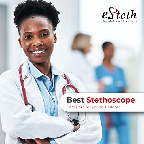 eSteth Pediatric Stethoscope - Ultra Sensitive Dual-Head Chest Piece for Monitoring Amplified Heart, Lung Sounds - Flexible Stethoscope Tubing - Extra Ear Tips & Non-Chill Ring - 32" Long, Cherry Red