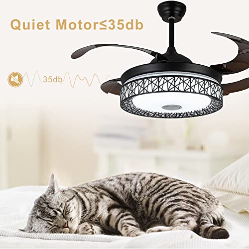 MoreChange 42” Retractable Ceiling Fans with Lights and Remote Control, Invisible Modern Chandelier Fan Lighting with Bluetooth Speaker Play Music 7 Colorful Dimmable Fixture for Bedroom/Living Room