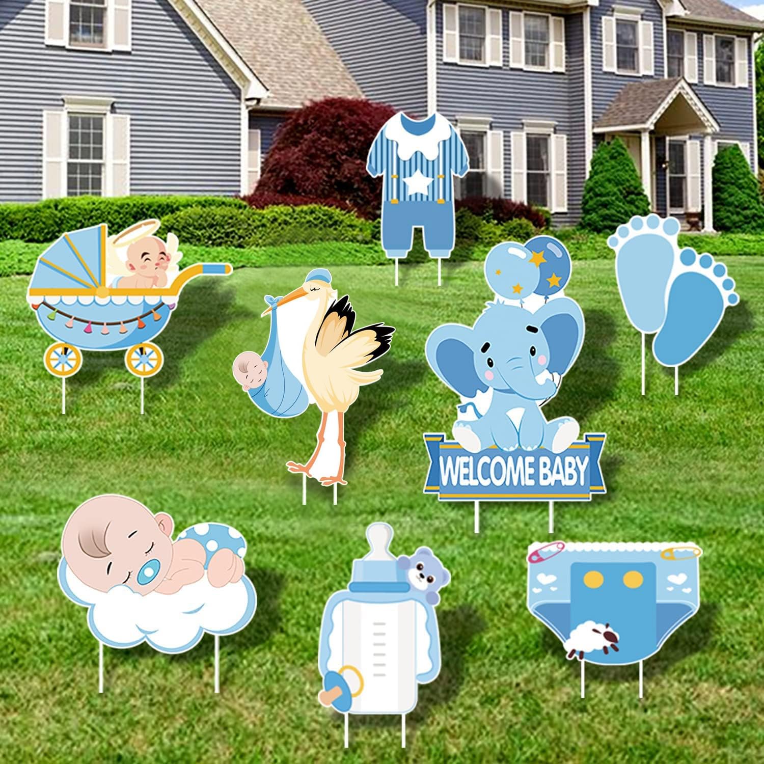 diyoohomy welcome home baby boy its a boy yard sign with stakes shower outdoor lawn blue stork elephant arrival birth plastic announcement decorations party supplies (baby boy)