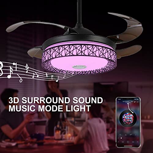 MoreChange 42” Retractable Ceiling Fans with Lights and Remote Control, Invisible Modern Chandelier Fan Lighting with Bluetooth Speaker Play Music 7 Colorful Dimmable Fixture for Bedroom/Living Room